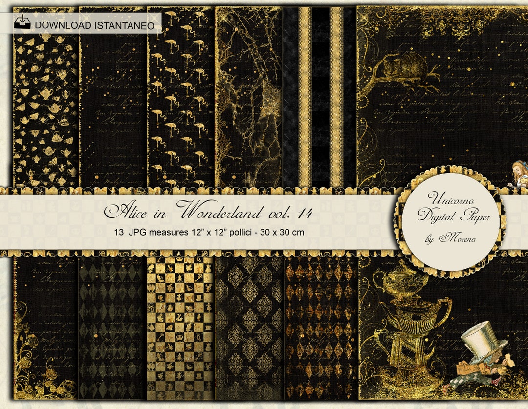 ALICE'S Adventures in Wonderland, Black Gold Digital Papers, 12x12 ...