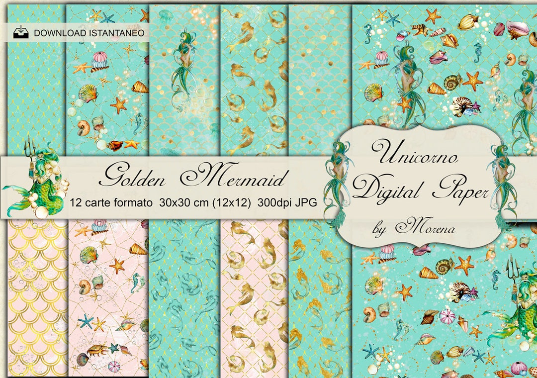 GOLDEN MERMAID, Mermaid Scrapbook Paper, Digital Paper, Nautical ...
