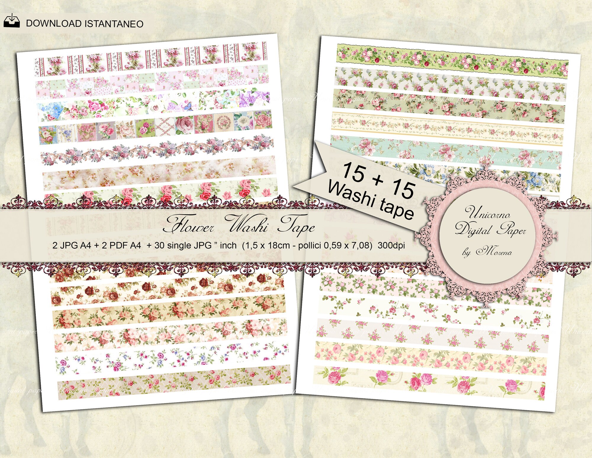 Flowers Printable Washi Tape, Strips and Borders, 30 Designs, Digital ...