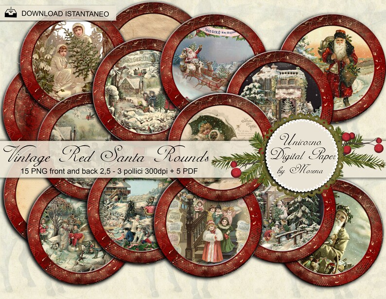 Vintage Red Santa, TAG and CIRCLES Image for Christmas, Vintage Card on ...