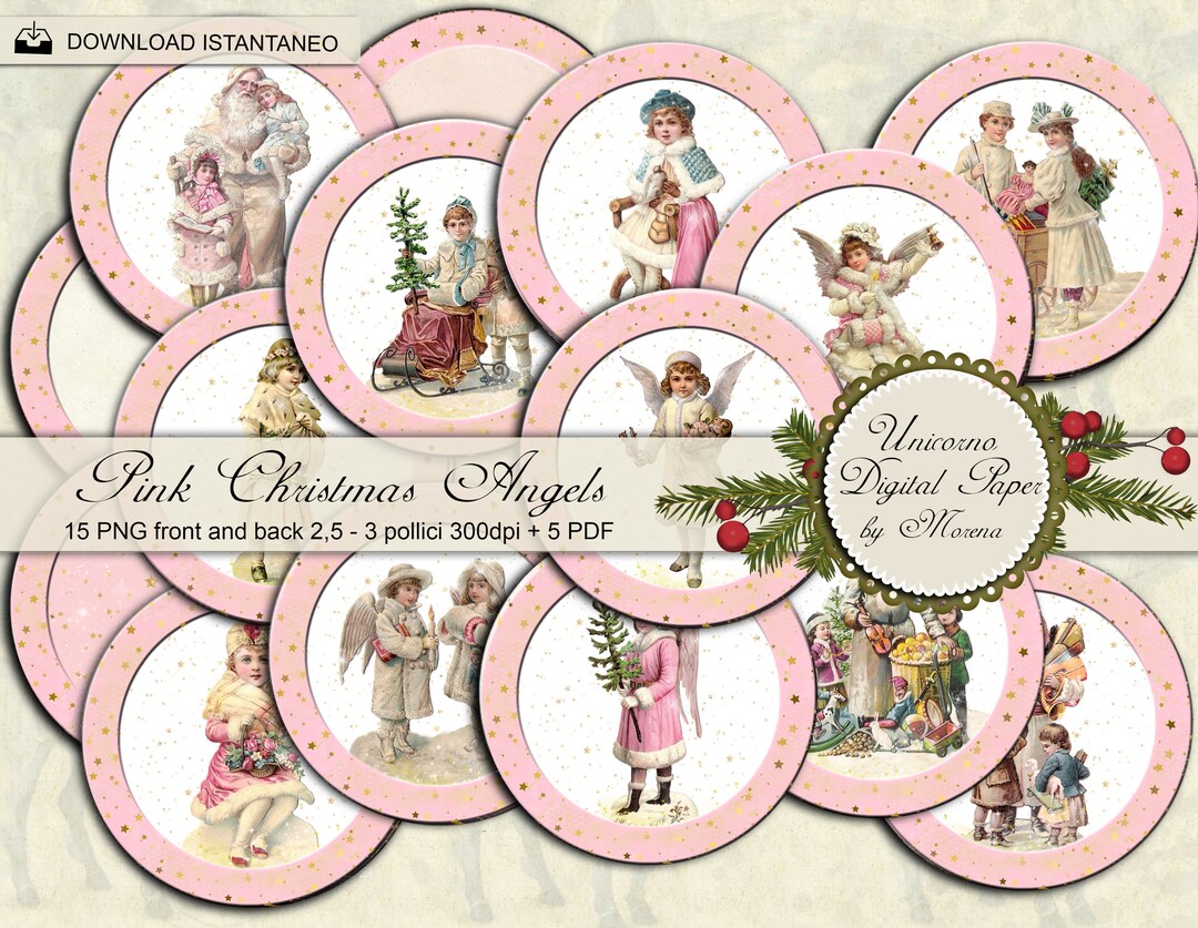Pink Christmas Angels Rounds, 15 Printable Circles 2,5 / 3 Inch ...