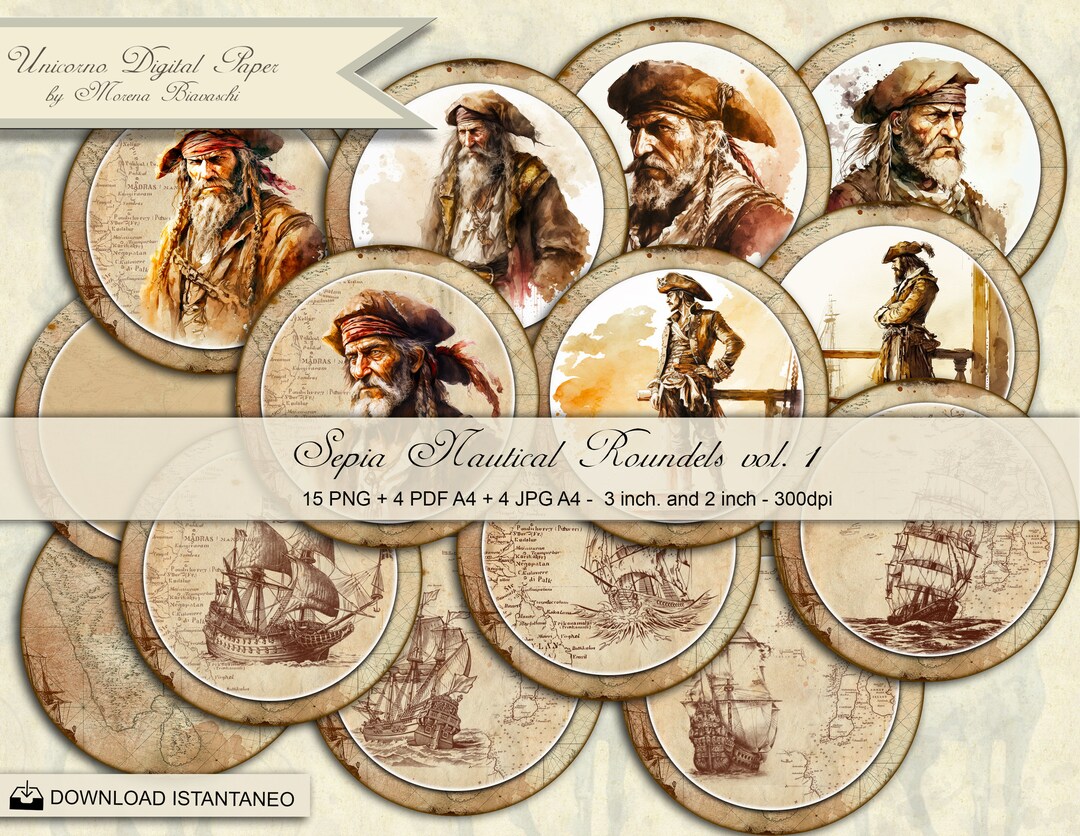 Sepia Vintage Effect Nautical Roundels, Tag and Circles 3 and 2 Inches ...