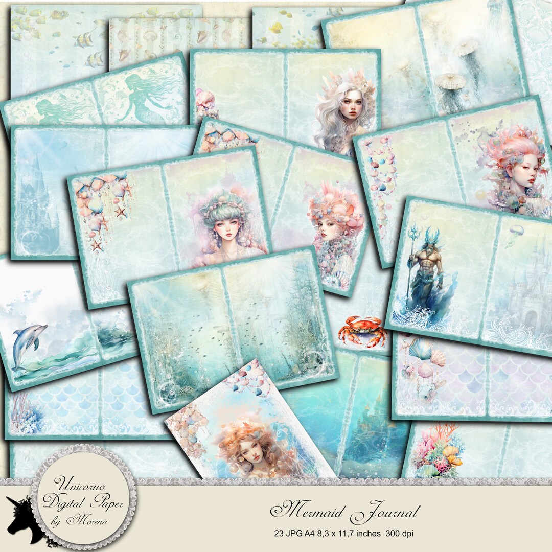 Journal Mermaid Underwater, Sea Mermaid Nautical Printable Pages ...