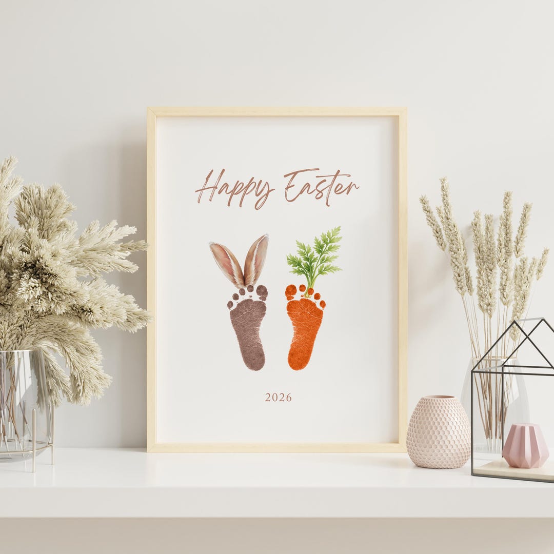Happy Easter Footprint Print - DIY Bunny Rabbit and Carrot Personalized ...