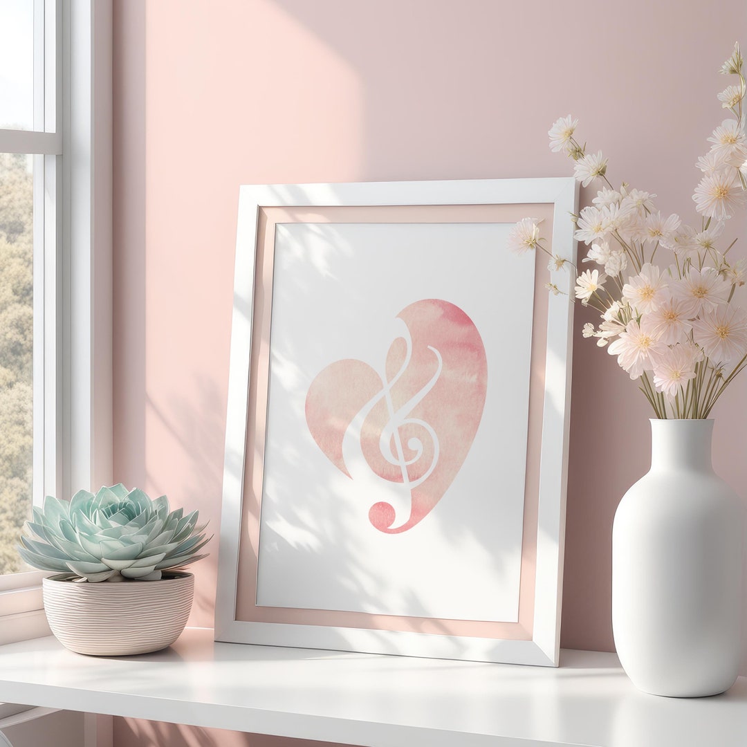 Pink Treble Clef Heart Wall Art Print Digital Download - Music Lover ...