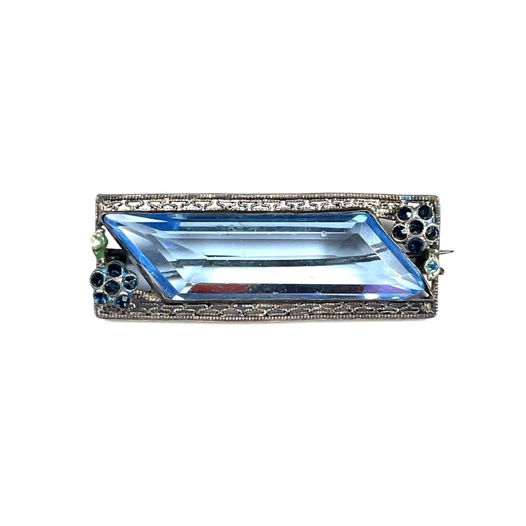 Vintage Antique Silver Bar Rectangle Big Blue Rhinestone Filigree ...