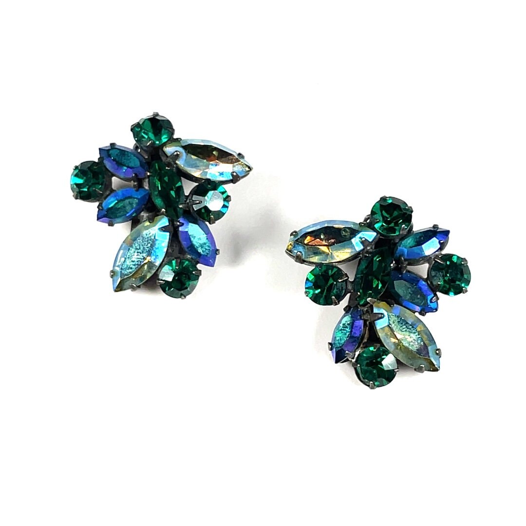 Retro Regency Style Emerald Green AB Marquise Cluster Rhinestone Clip ...
