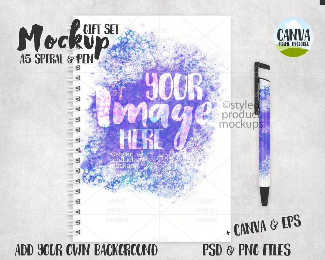 Dye Sublimation A5 Spiral Notebook and Phone Stand Pen Gift Set Mockup ...