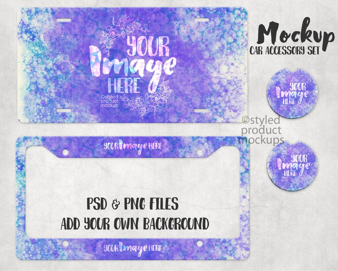 Dye Sublimation License Plate, Frame and Car Coaster Set Mockup | Add ...