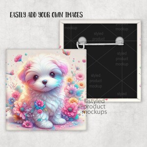 Black Backed Square Pinback Button Mockup | Add Your Own Image and ...