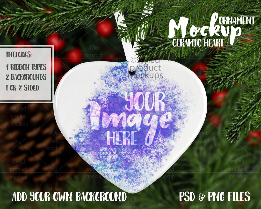 Dye Sublimation Heart Shaped Ceramic Christmas Ornament Mockup | Add ...