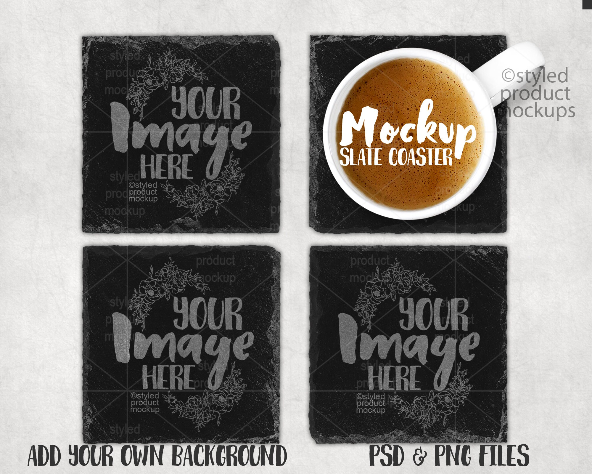 Set of 4 Square Slate Laser Coasters Mockup | Add Your Own Image and ...