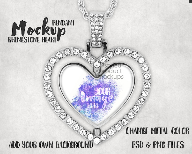 Dye Sublimation Heart Rhinestone Spinning Necklace Pendant Mockup | Add ...