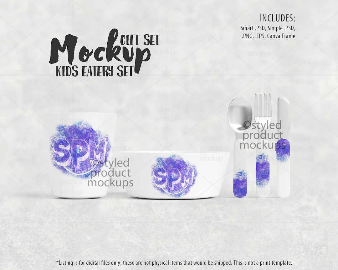 Dye Sublimation Kids Polymer Cup Bowl and Cutlery Gift Set Mockup | Add ...