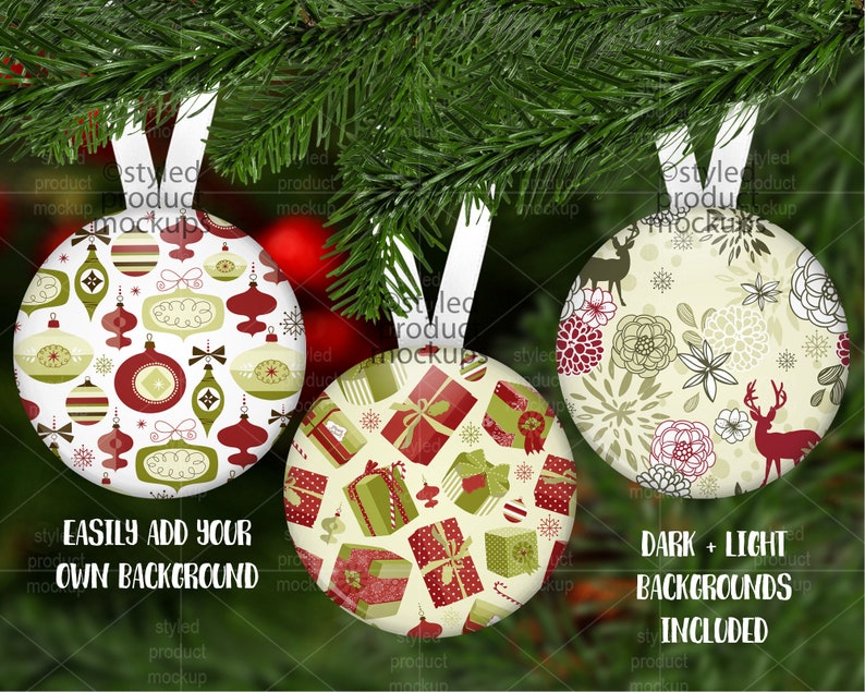 Three Round button Christmas ornaments mockup template Add | Etsy
