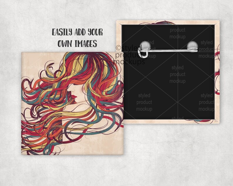 Black backed square pinback button mockup Add your own image | Etsy