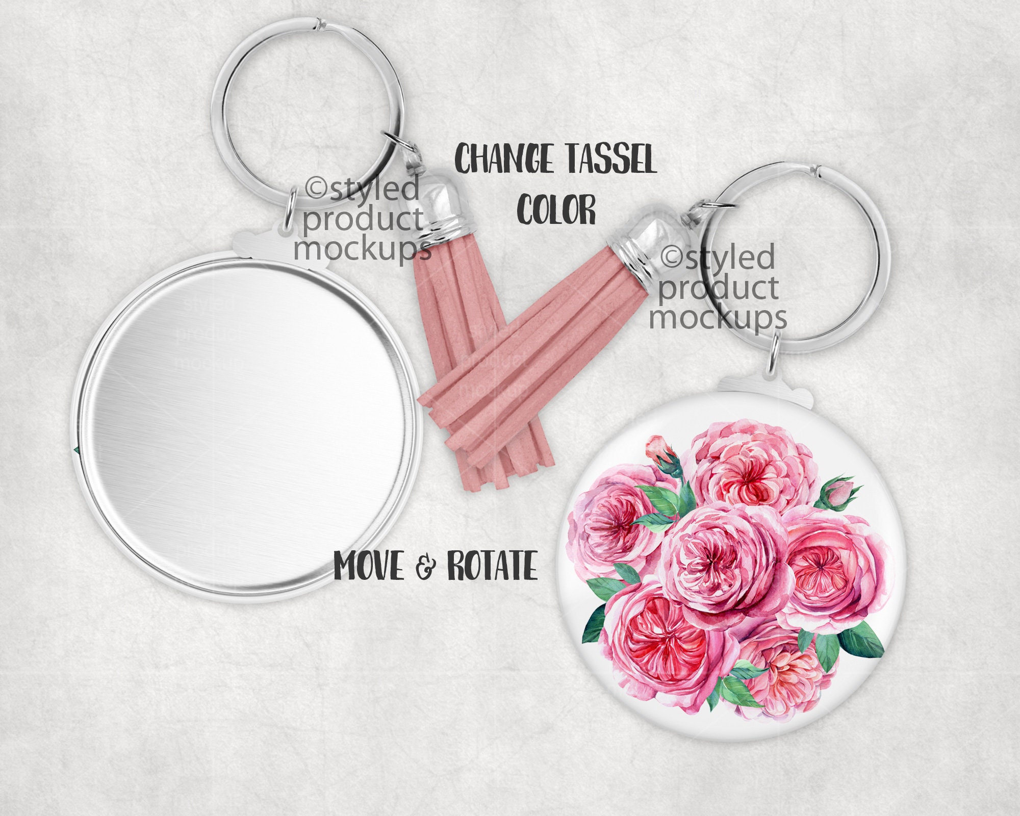 Button keyring with tab and optional tassel Mockup Add your | Etsy