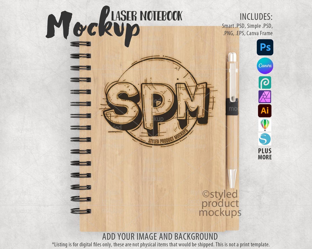 Bamboo Wood Spiral Notebook Mockup: Laser Engraving (PSD, Canva, PNG ...