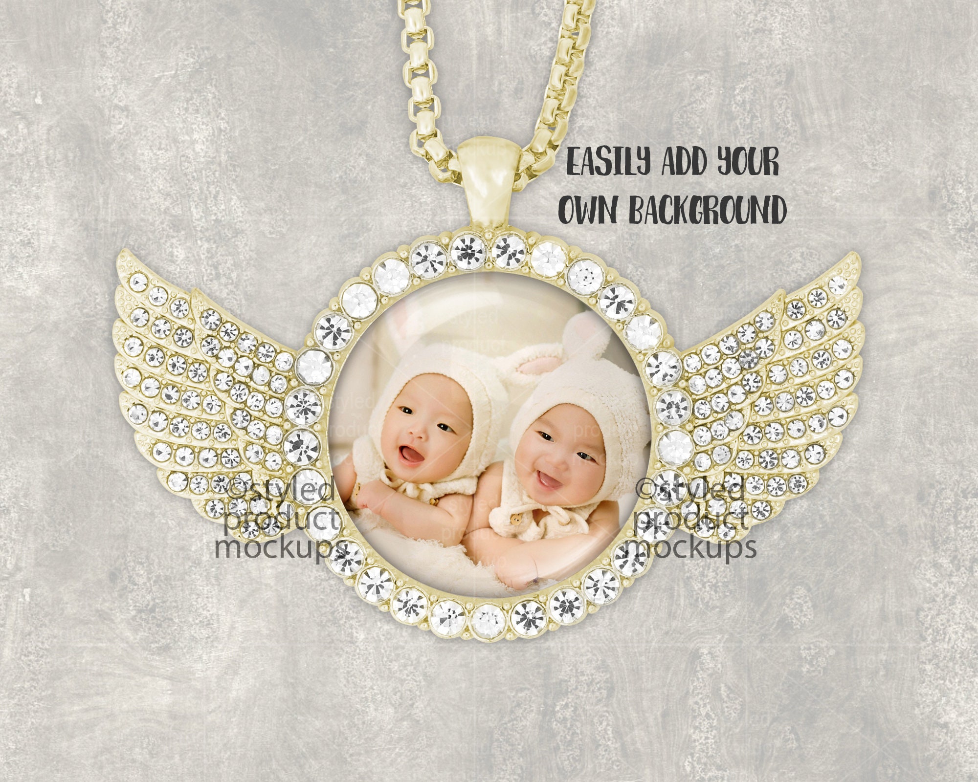 Dye Sublimation Round Rhinestone Angel Wing Pendant Mockup | Add Your ...