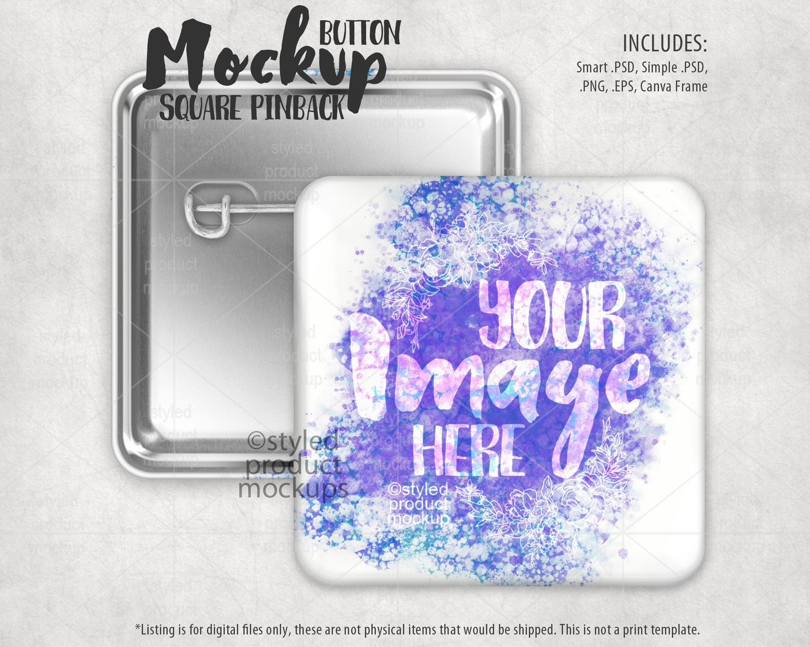 Square Shaped Pinback Button Mockup | Add Your Own Image and Background ...