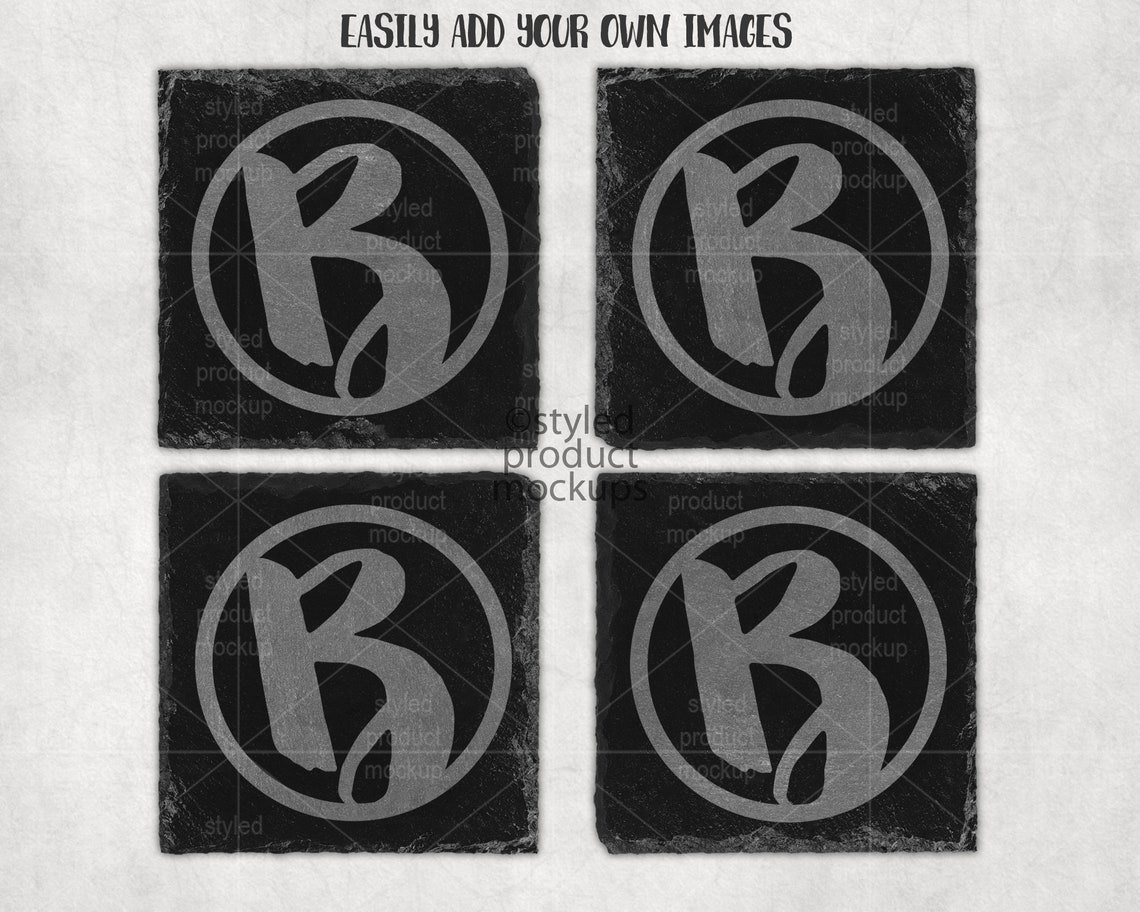 Set of 4 Square Slate Laser Coasters Mockup | Add Your Own Image and ...
