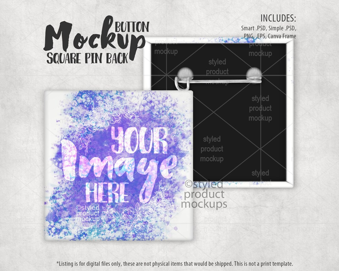 Black Backed Square Pinback Button Mockup | Add Your Own Image and ...