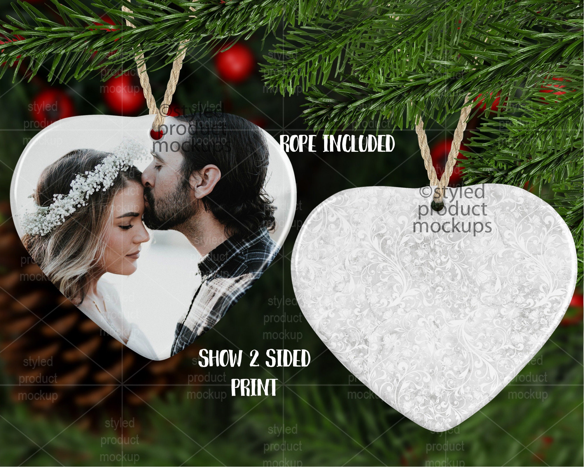 Dye Sublimation Heart Shaped Ceramic Christmas Ornament Mockup | Add ...