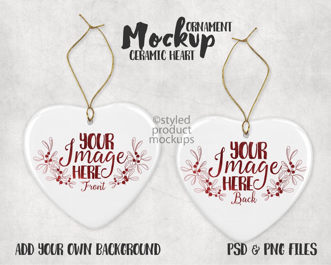 Dye Sublimation Porcelain Heart Shaped Ornament Mockup | Add Your Own ...