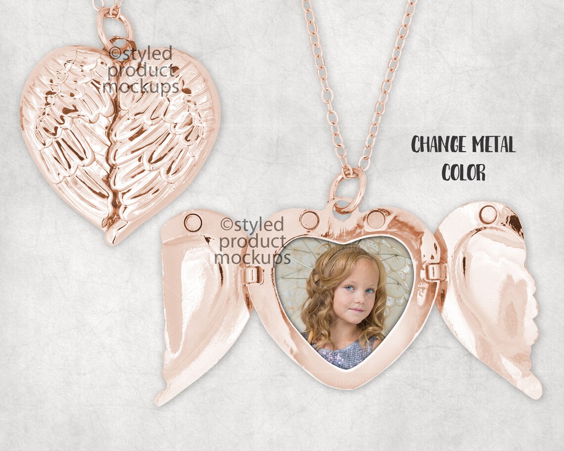 Dye Sublimation Heart Shaped Angel Wing Locket Necklace Mockup | Etsy