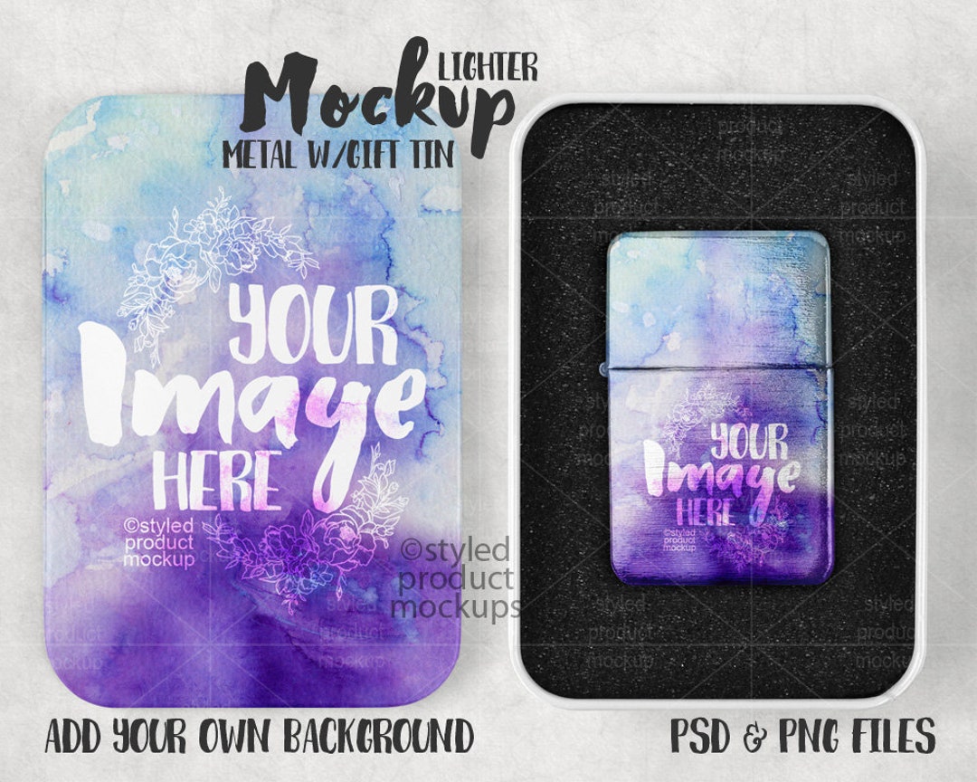 Dye Sublimation Brushed Metal Lighter and Gift Tin Mockup Template Add ...