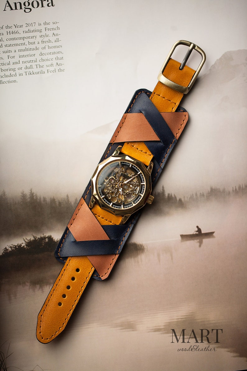 Blue Leather Men Wrist Watch Cuff Sceleton Steampunk Watch | Etsy