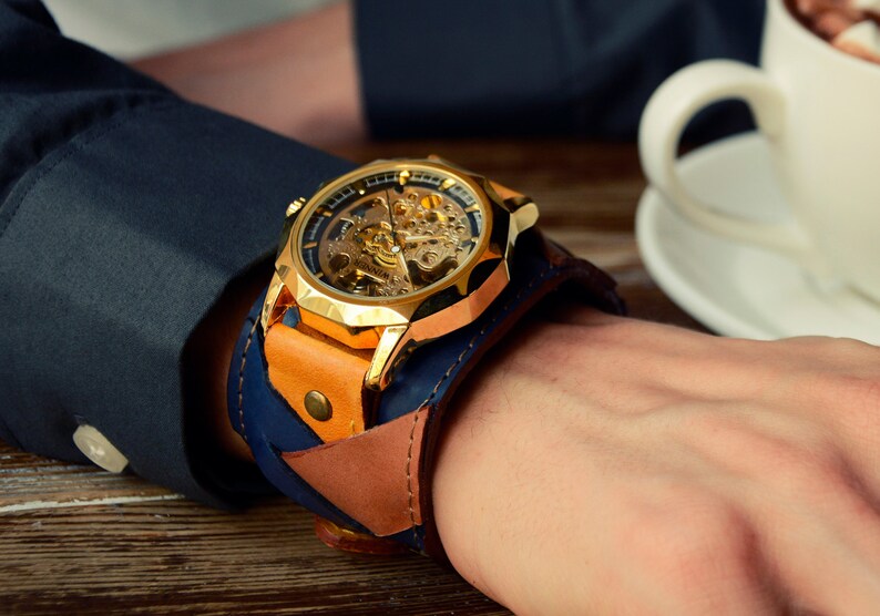 Blue Leather Men Wrist Watch Cuff Sceleton Steampunk Watch | Etsy