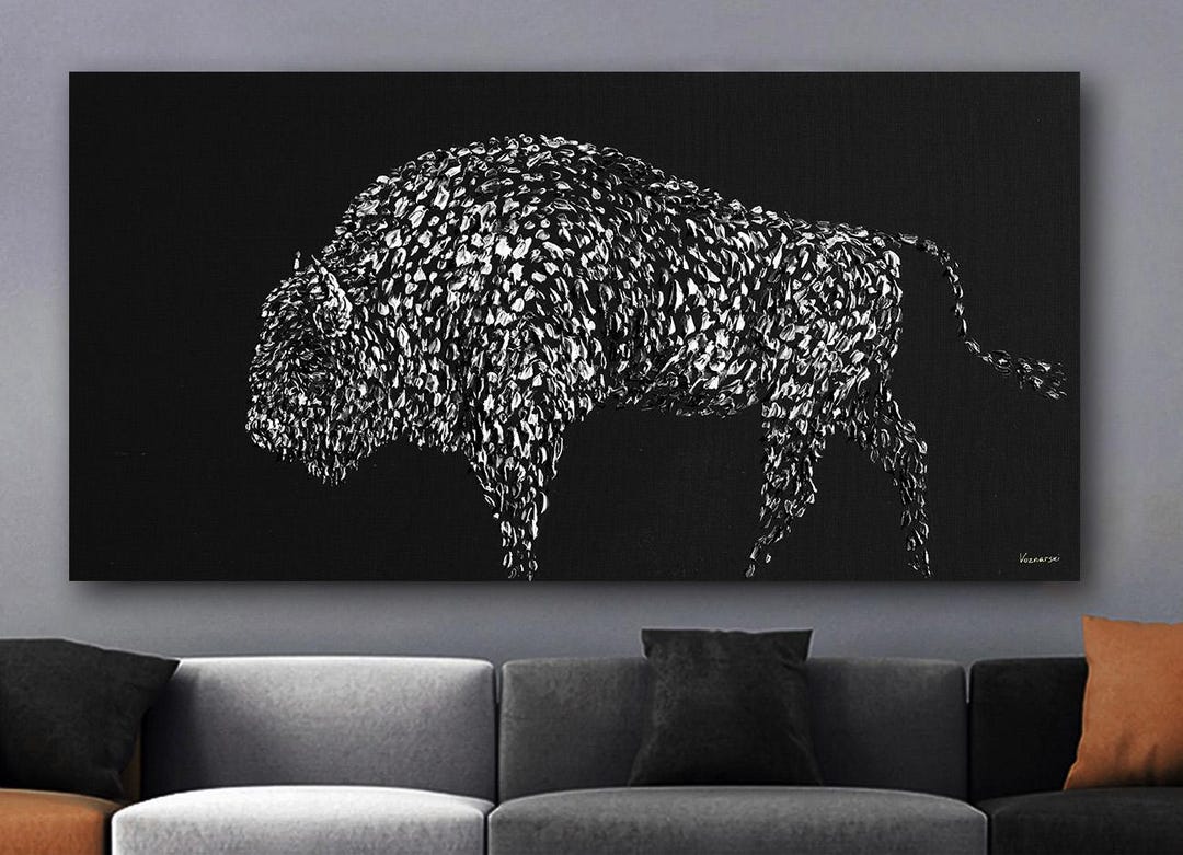 48",buffalo,buffalo B&W Painting,bison Oil Painting on Canvas,thick ...
