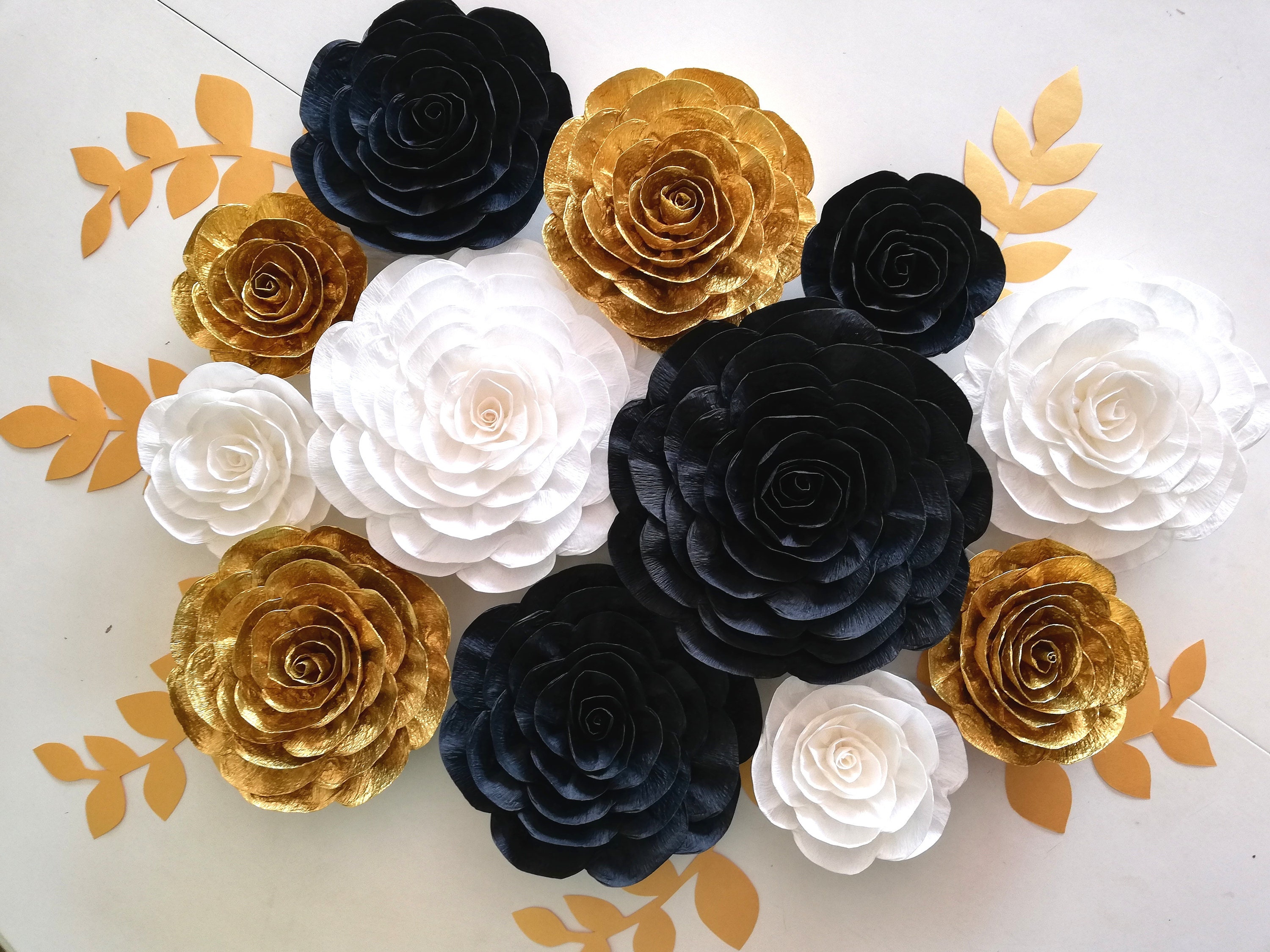 12 Large Paper Flowers, Black White Gold, Sparkle Glitter Gatsby, Wall ...