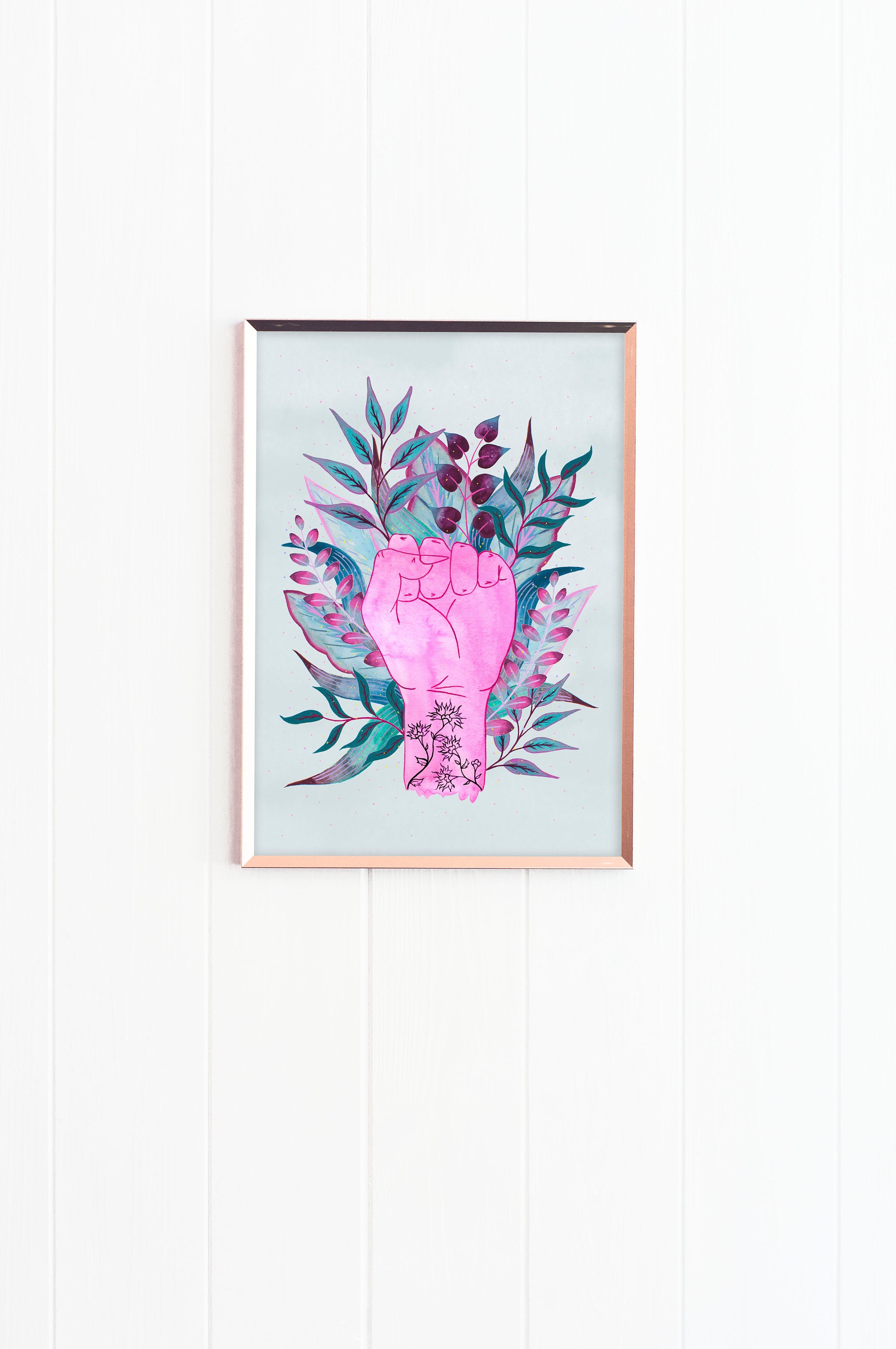 Pink Raised Fist Illustration with Flower Tattoos and Leaves | Etsy
