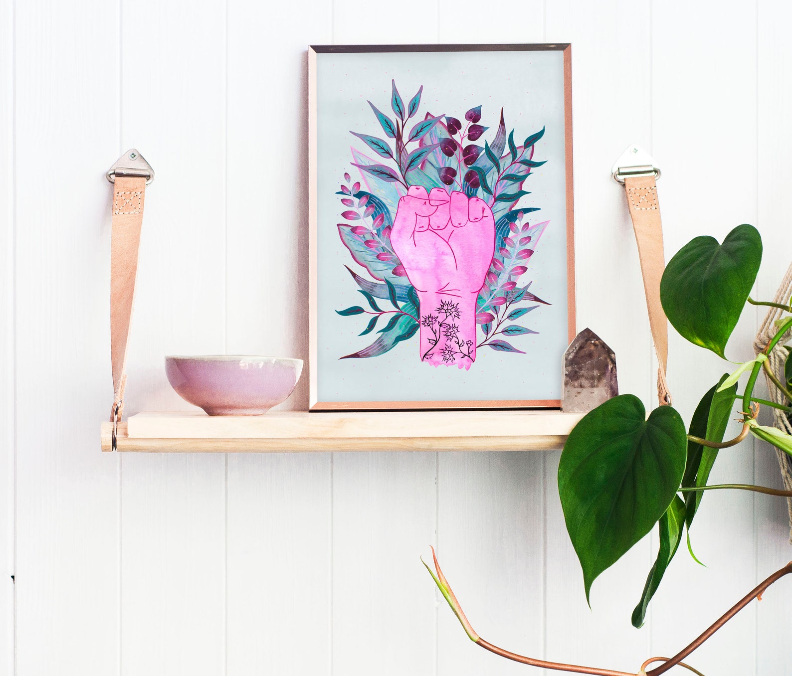 Pink Raised Fist Illustration With Flower Tattoos and Leaves - Etsy ...