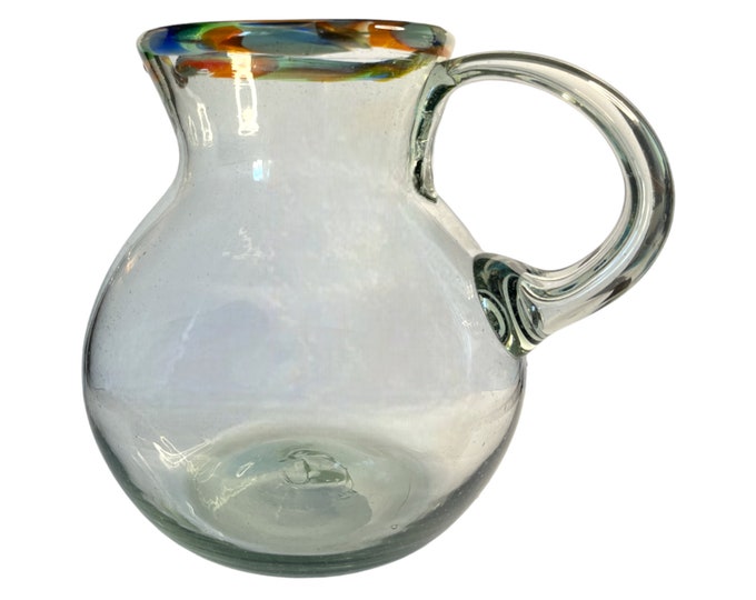 Handblown Confetti Mexican Glass Pitcher Applied Clear Handle Great for ...