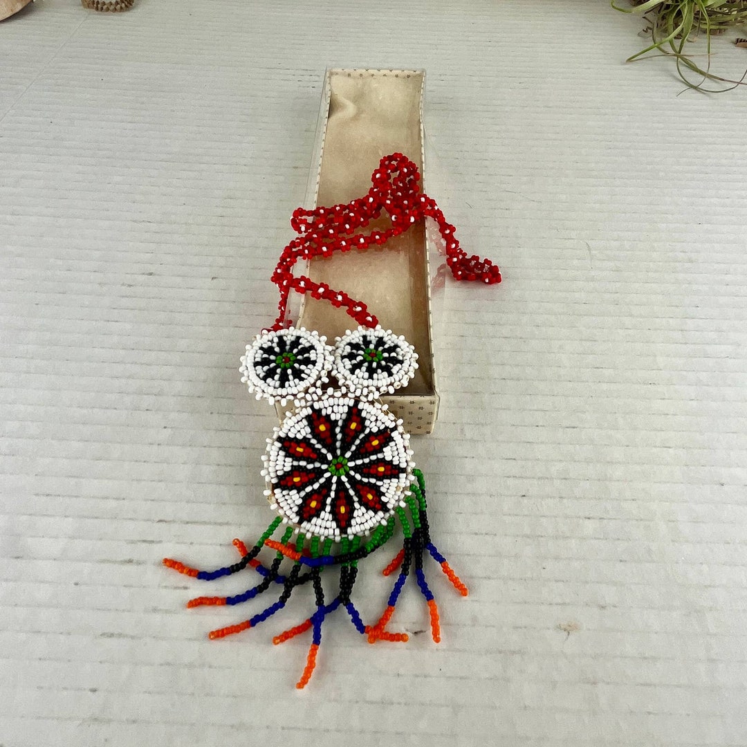 Vintage Native American Triple Medallion Seed Bead Necklace Buck Skin ...