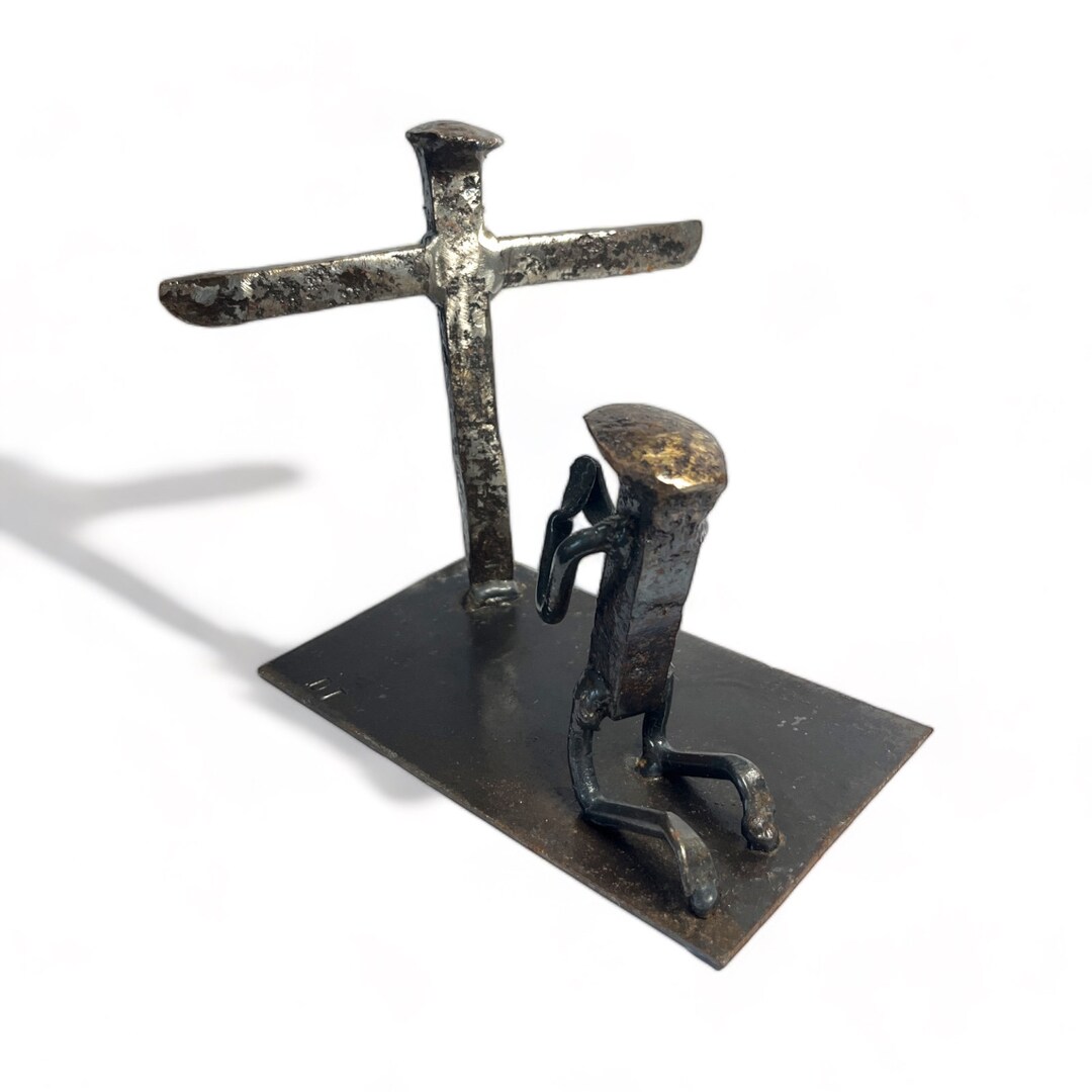 Railroad Stake Art Cross & Praying Man Metal Sculpture Christian Gift ...