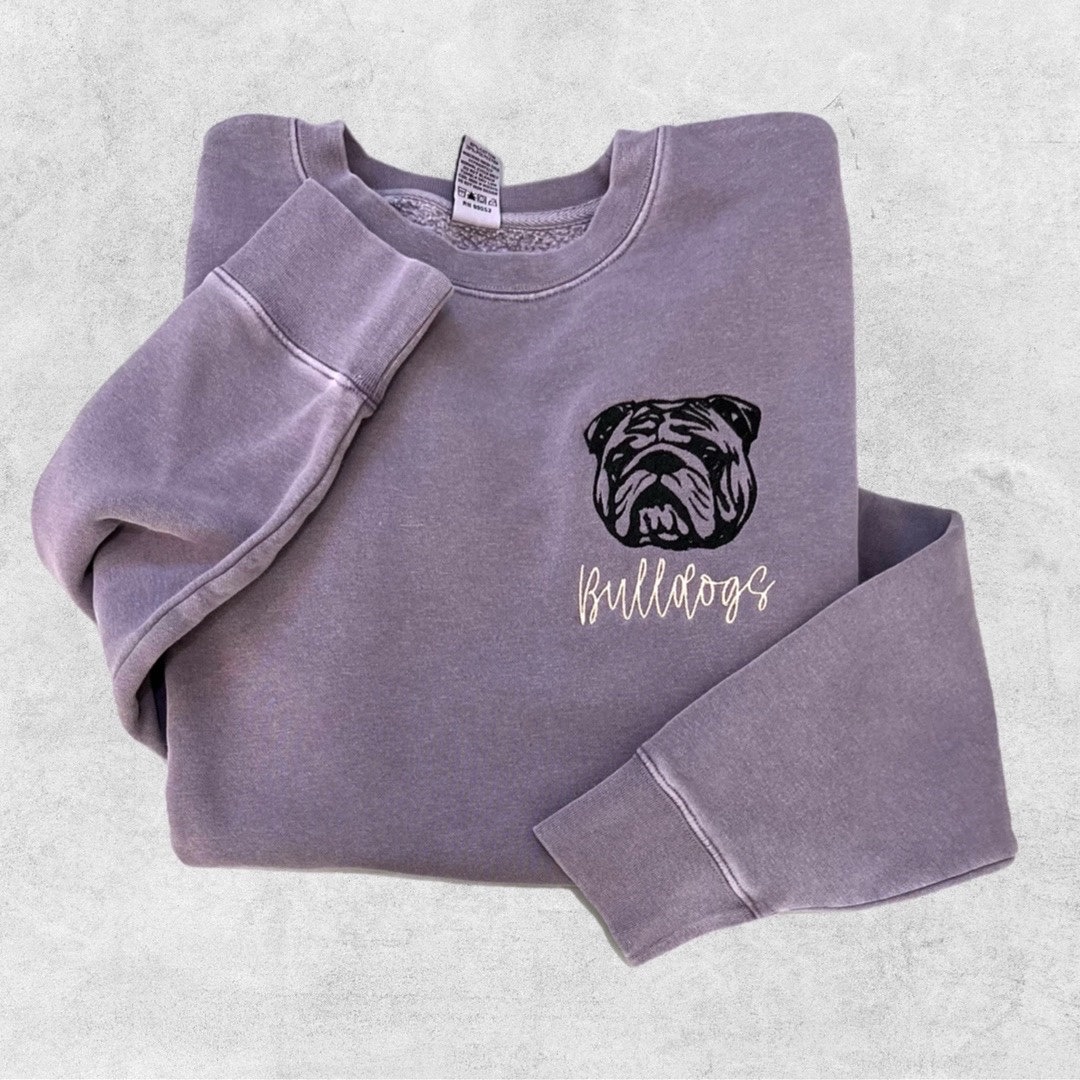 Bulldog Face Embroidered Sweatshirt, Faded Purple Bulldog Sweatshirt ...