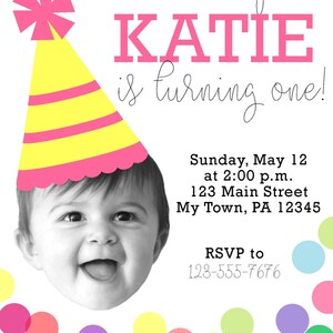 Baby Face Photo First Birthday Party Invitation With Confetti and Party ...