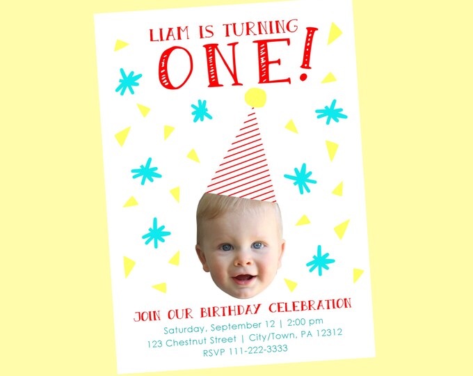 Birthday Party Hat Photo Face Invitation First Birthday Customizable ...