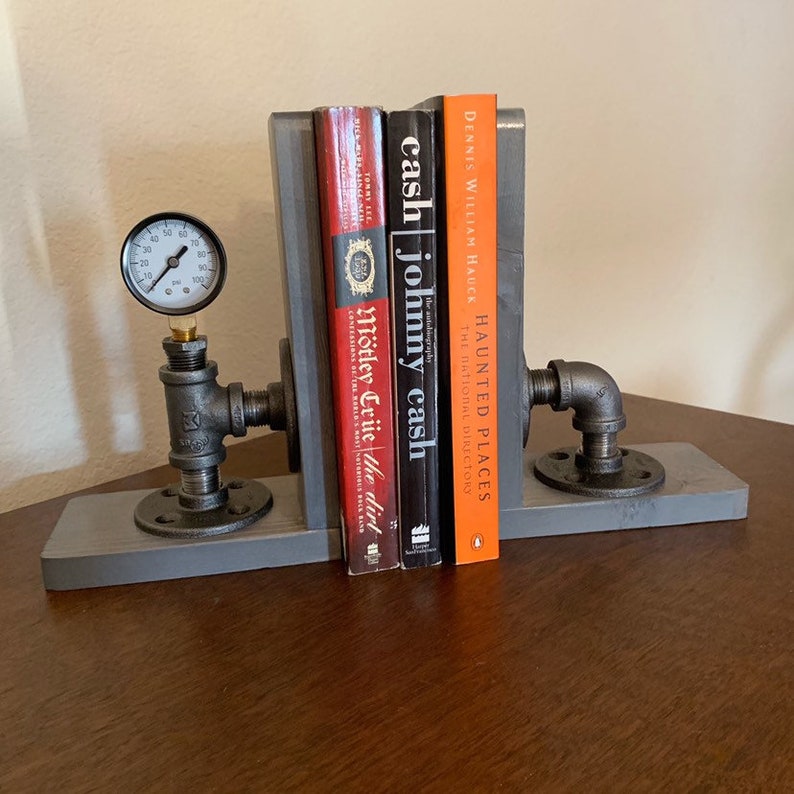 Industrial Steampunk wooden Book Ends in grey | Etsy