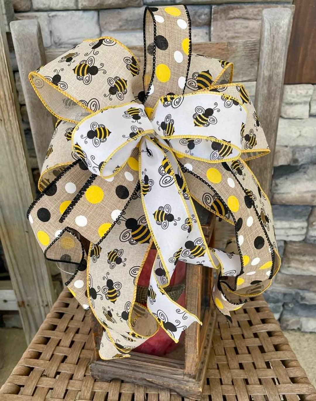 Lantern Bow, Lantern Swag, Bumle Bee Ribbon Bow, Ready Made Wreath Bow ...