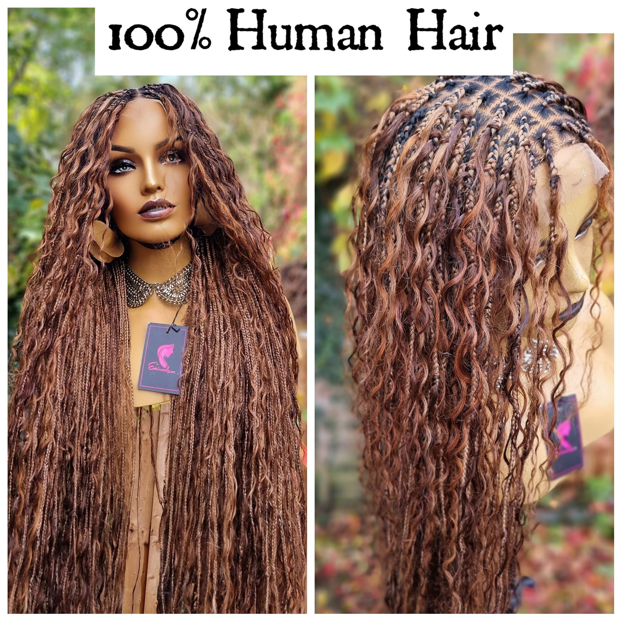 HUMAN HAIR Boho Knotless Braids Wig Waist Length Box Braided Full Lace ...