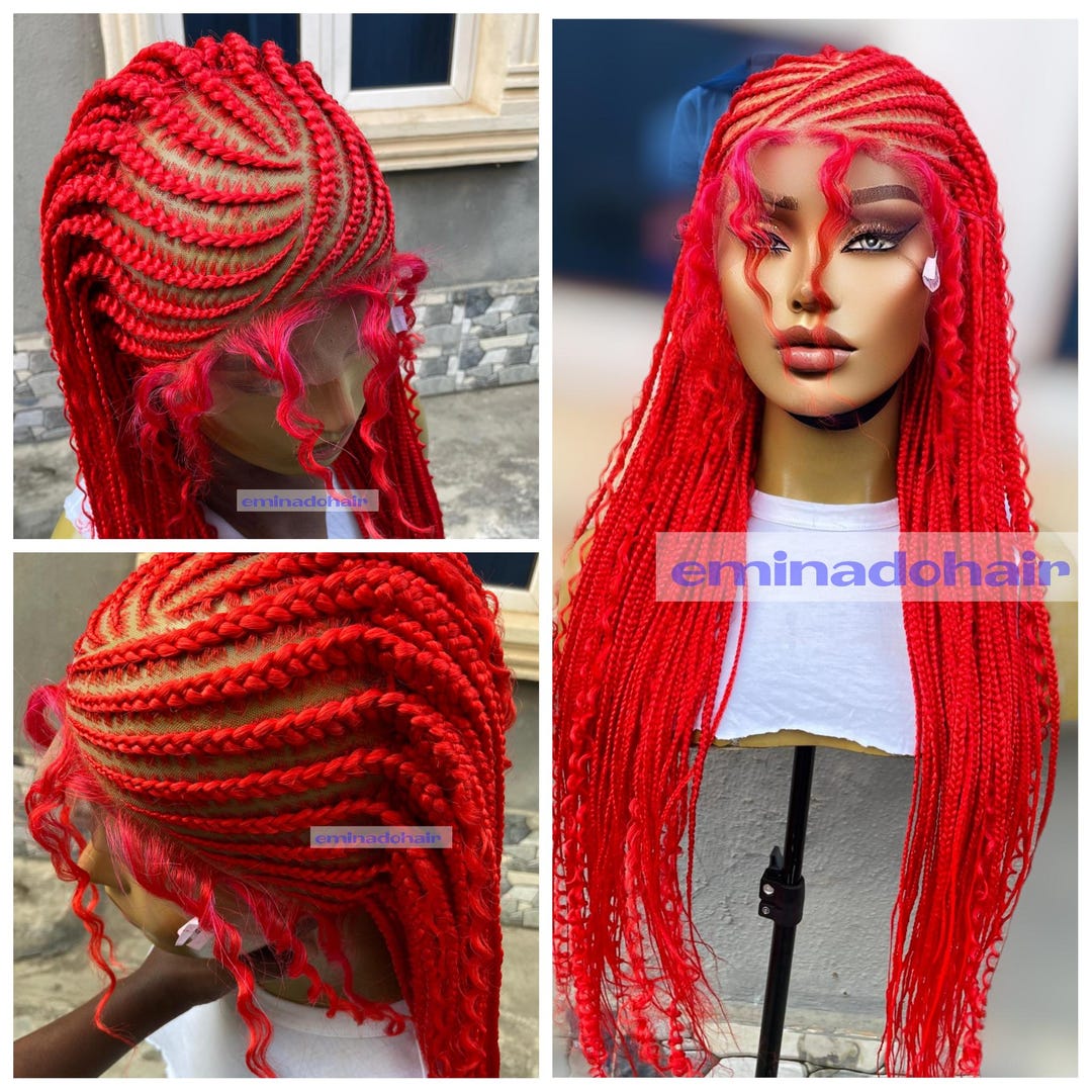Red Braided Wig Knotless Braid Wig for Black Women Gift for Women Full ...