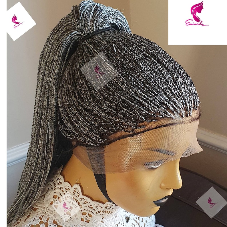 Salt and Pepper Micro Twists Braided Wig for Black Women Full Lace Unit ...