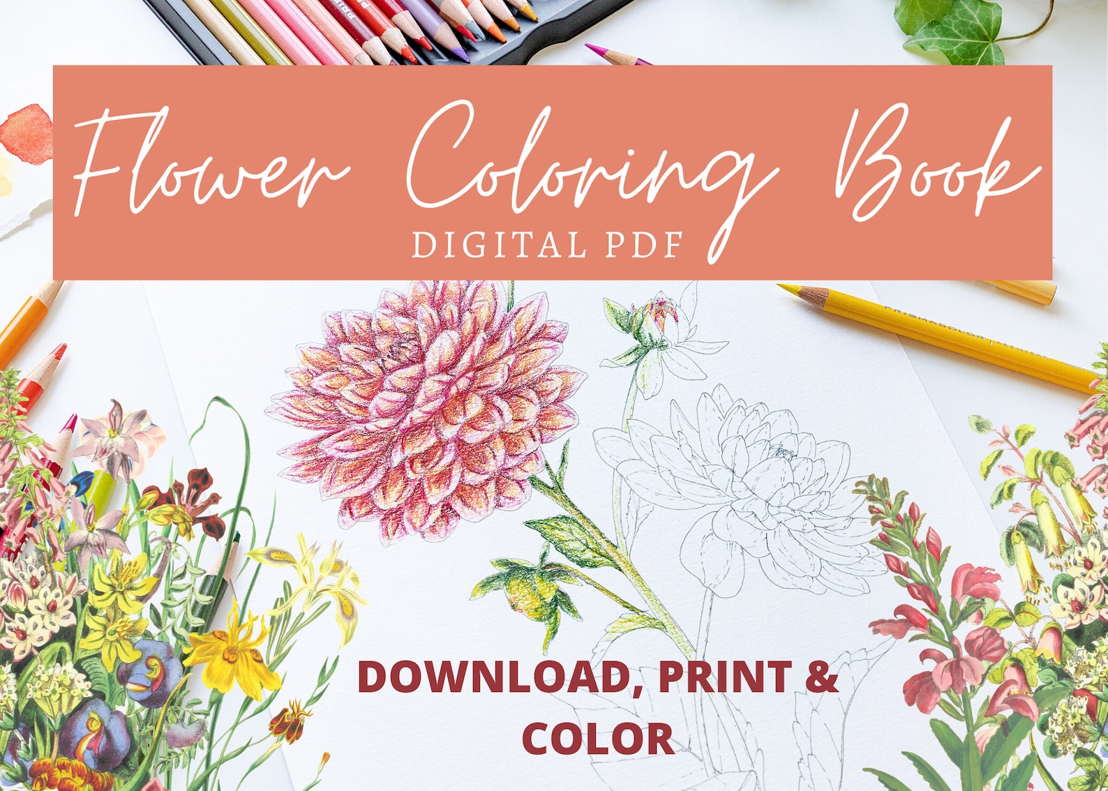 Floral Coloring Book for Adults and Kids, PDF Printable Flower Coloring ...