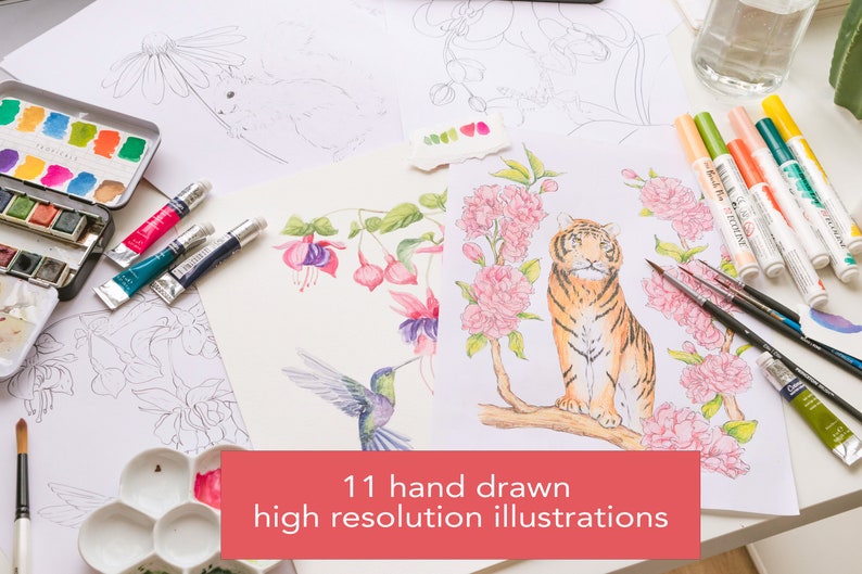 Flora and Fauna Coloring Book Flowers and Animals Coloring - Etsy