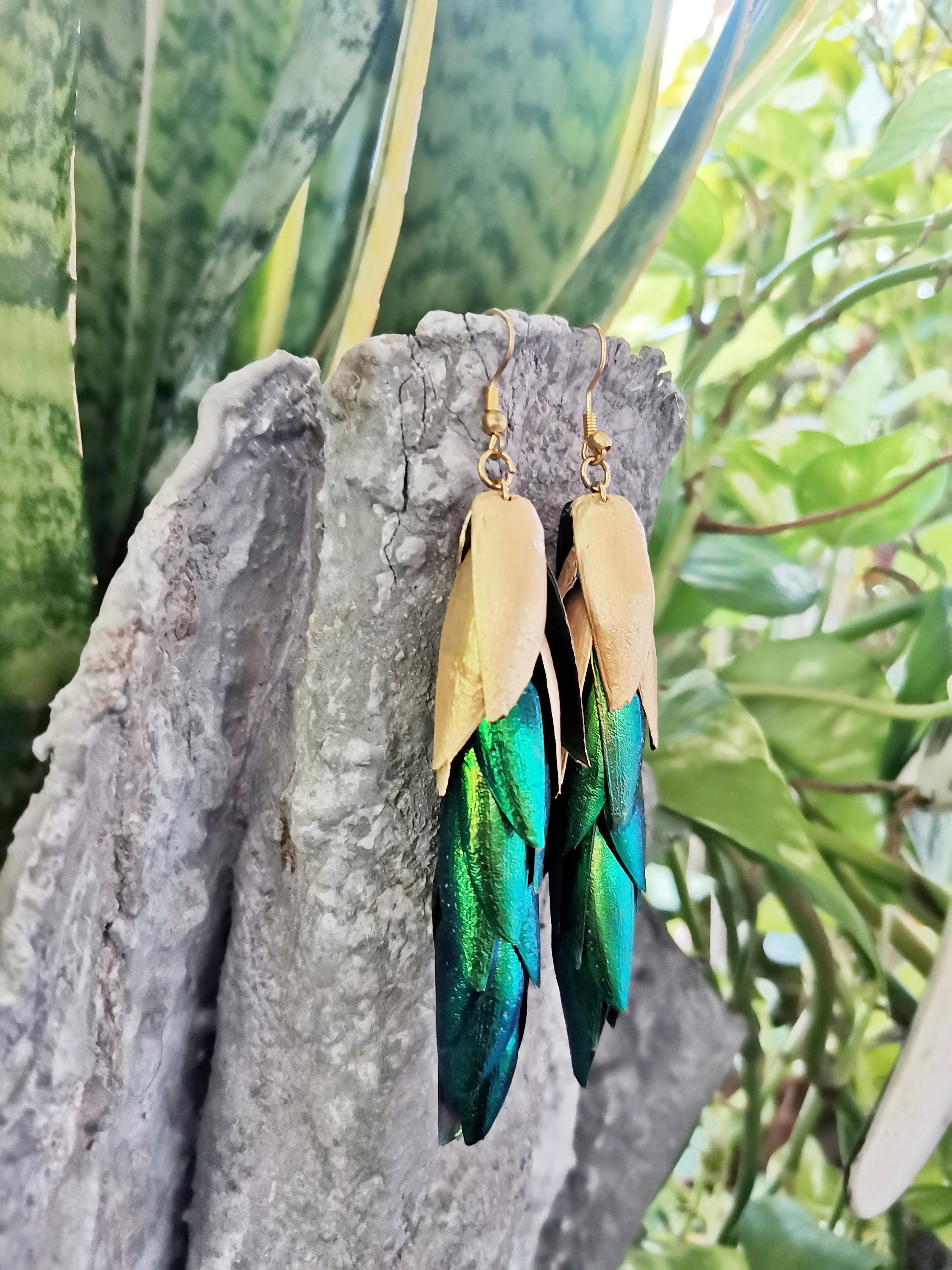 Stunning Gold Green Jewel Beetle Wings Earrings Emerald Statement ...